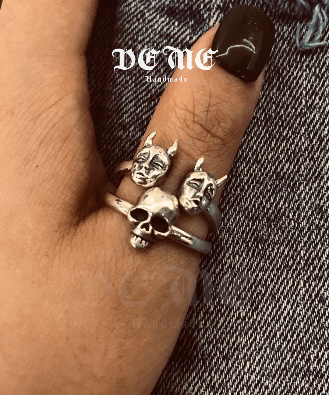 Skull and Demons Ring Set /2 in 1 Ring /925 Sterling Silver Ring /2 Pcs ...