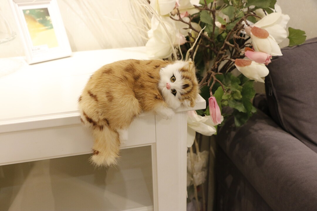 Realistic Furry Orange Tebby Cat Figurines Lifelike Kitten Pet Animal ...