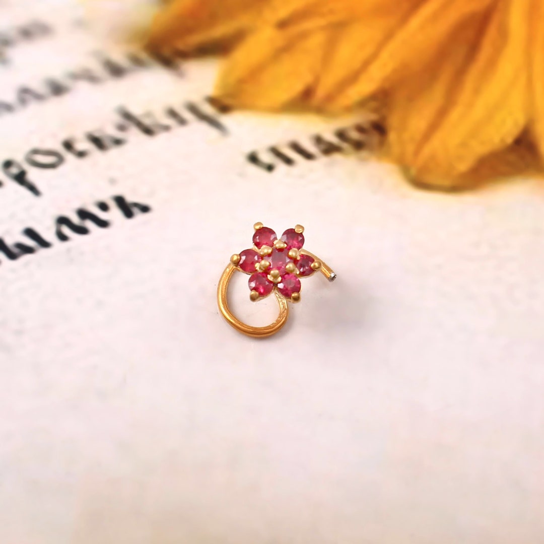 Ruby Ring, 14K, 18K, 24K Rose Gold Plated Nose Ring, Gemstone Nose Stud ...