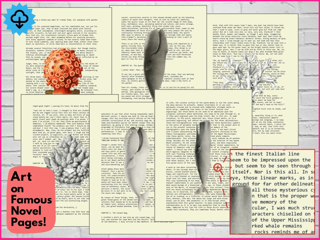Moby Dick Whale & Coral Printable Art on Novel Pages, Poster Art ...