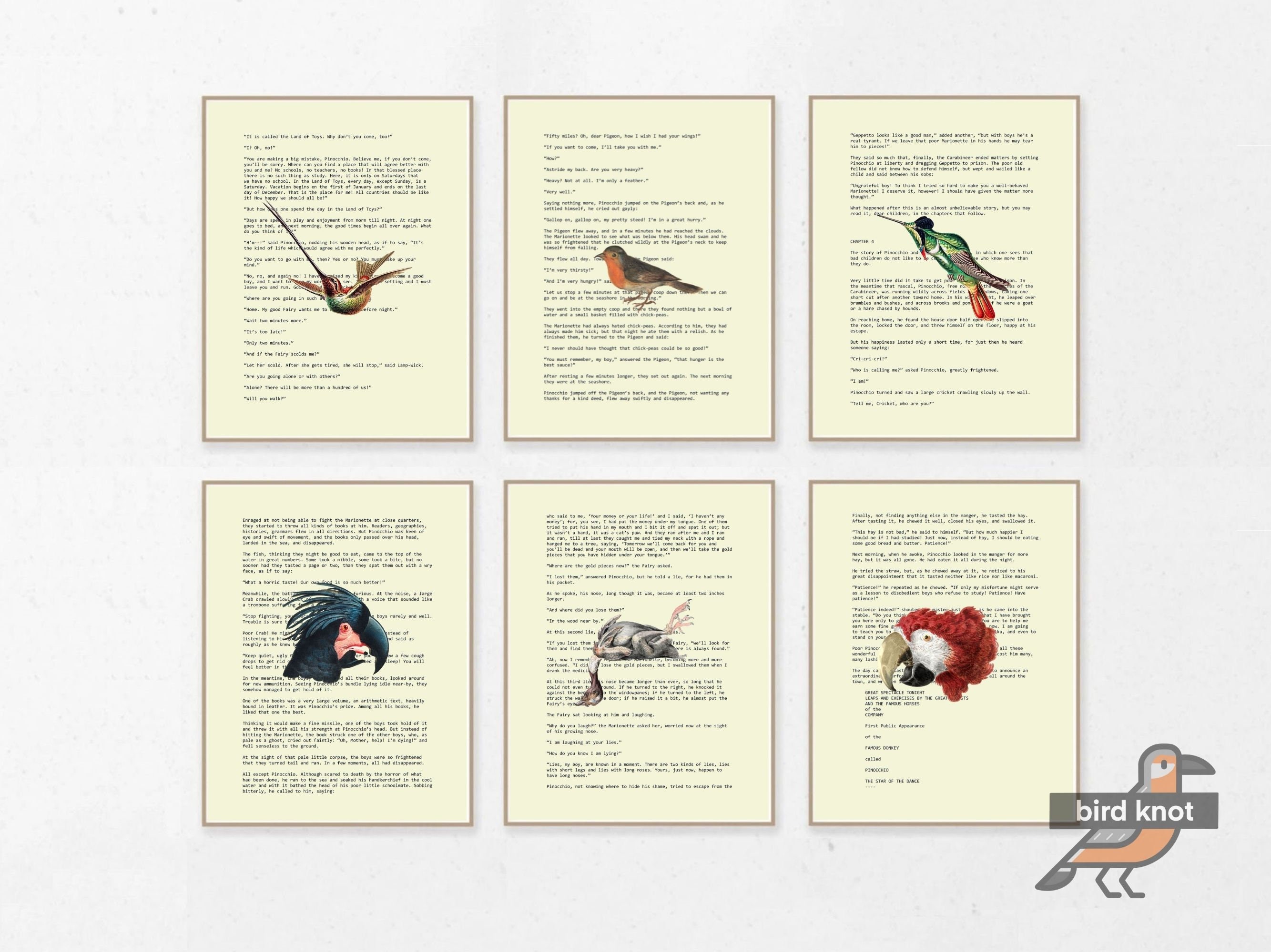 Adventures of Pinocchio Birds Printable Art on Novel Pages, Vintage Art ...