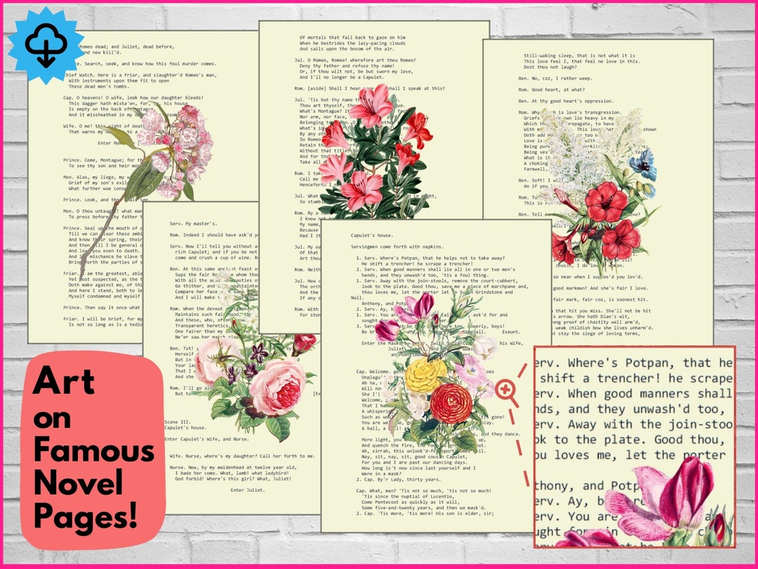 Romeo and Juliet Wild Flowers Printable Art on Novel Pages, Vintage Art ...