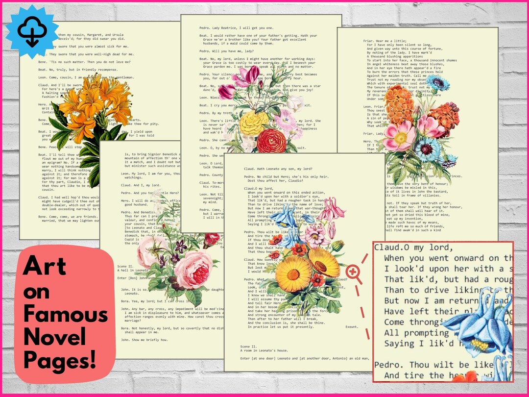 Much Ado About Nothing Flowers Printable Art on Novel Pages, Poster Art ...