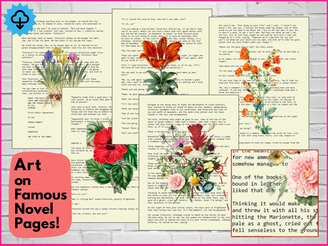 Pinocchio Flowers Printable Art on Novel Pages, Poster Art, Vintage Art ...