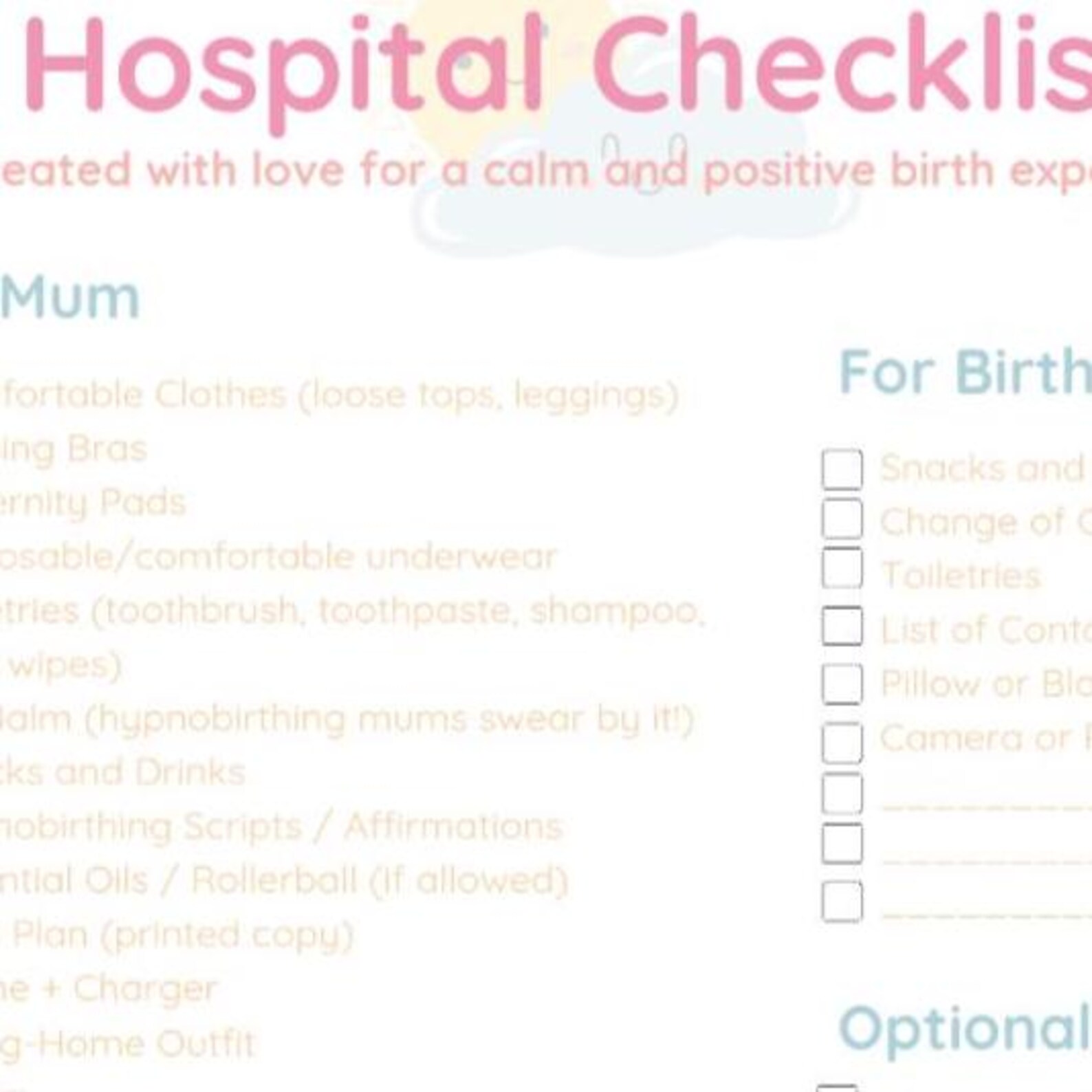 Hospital Bag Checklist Printable | Pregnancy Packing List | Positive ...