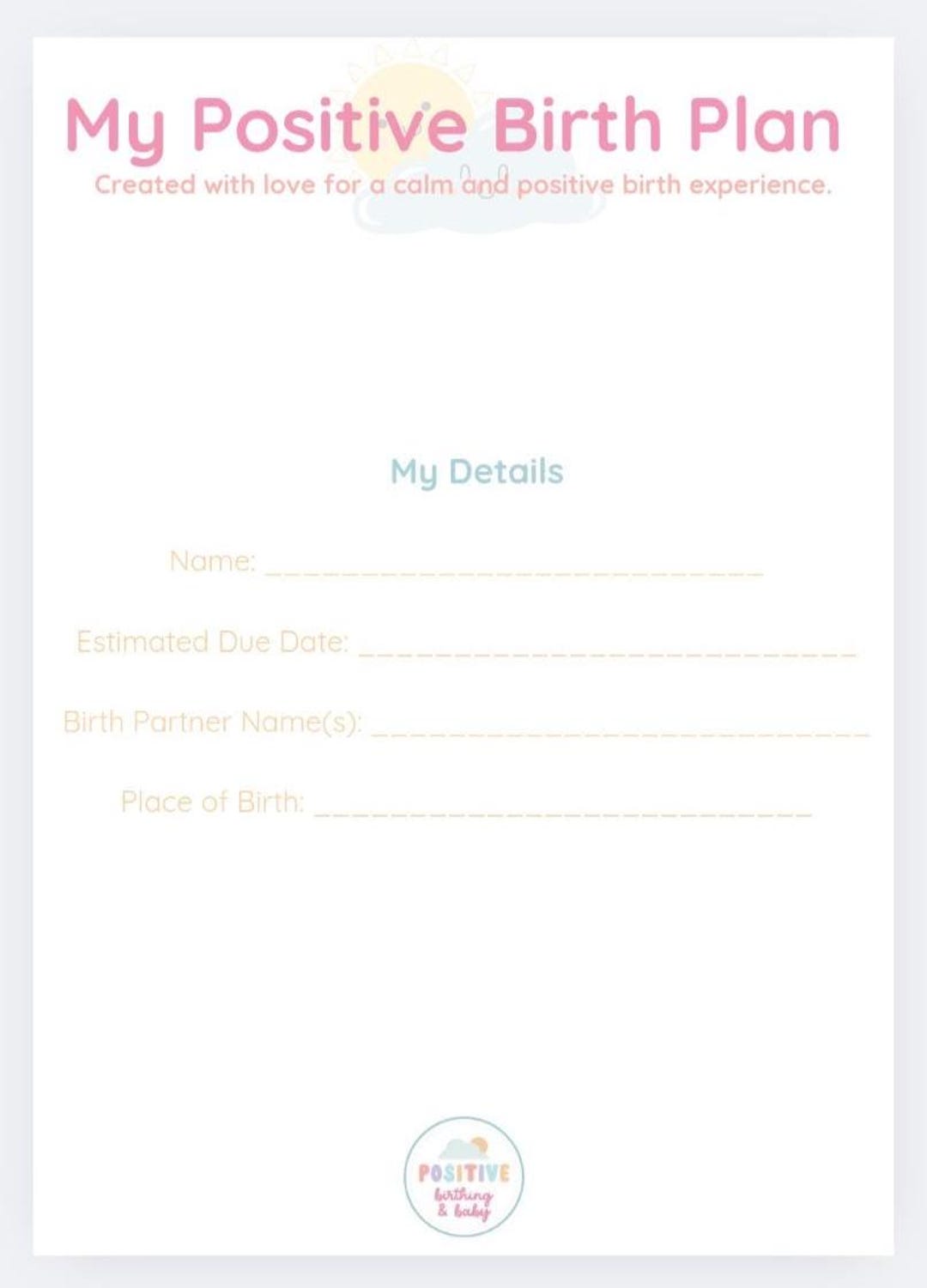 Editable Positive Birth Plan Template | A4 Printable Birth Plan ...