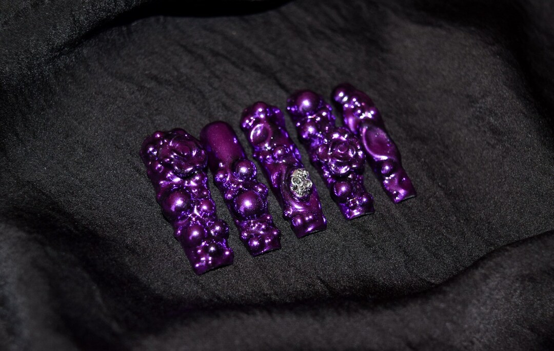 Purple Matter - Press-on Nails | Dark Gothic Chrome Silver Charms Skull ...