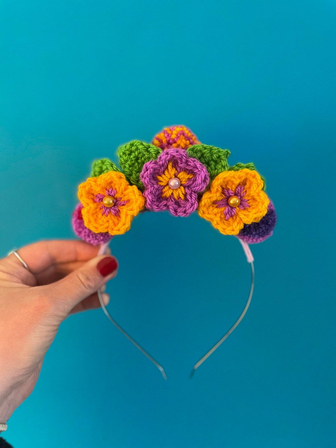 The Mini Festival Flower Crown - Crocheted Flower and Pompom Crown ...