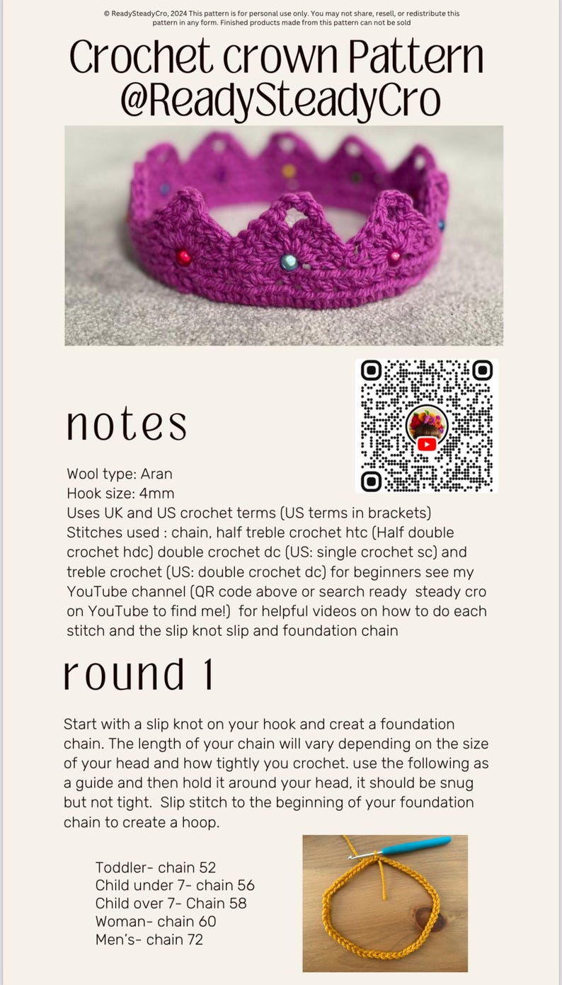 Crochet Crown Pattern Digital Download PDF US and UK Crochet Terms ...