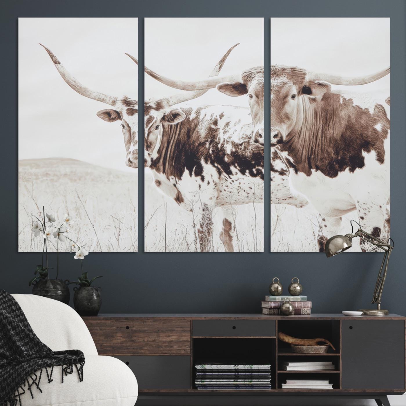 Texas Longhorn Wall Art Canvas Print, Golden Cattle Picture Print on ...