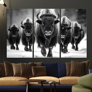 American Bison Herd Black and White Wall Art Rustic Wildlife Canvas ...