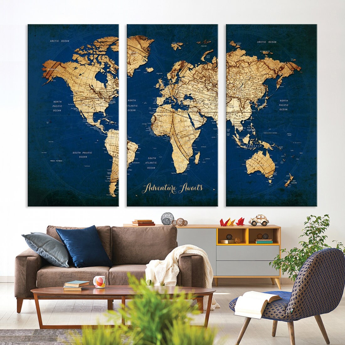 Navy Blue World Map Wall Art Canvas Print, Map for Travel Lover Old Map ...
