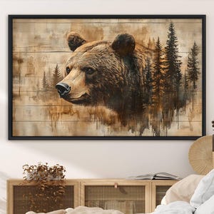 Abstract Rustic Grizzly Bear Wall Art Canvas Print - Woodland Wildlife ...