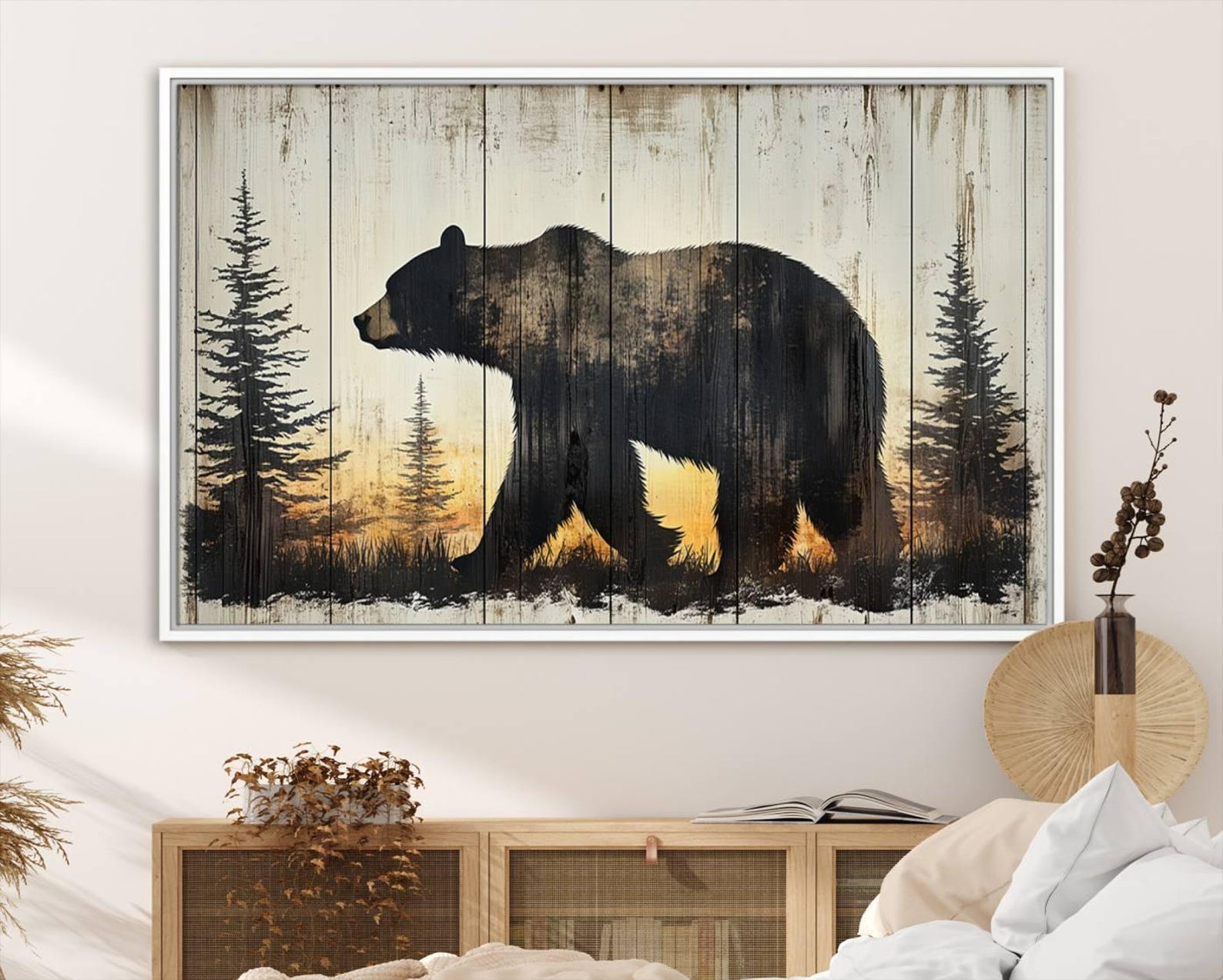 Rustic Bear and Mountain Wood Canvas Wall Art, Framed Nature Artwork ...