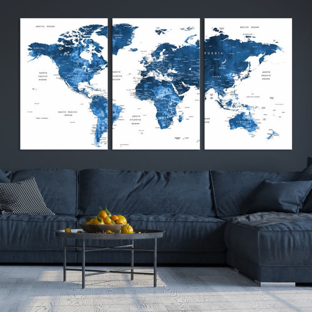 Large Blue Watercolor Push Pin World Map Wall Art Canvas Print for Home ...