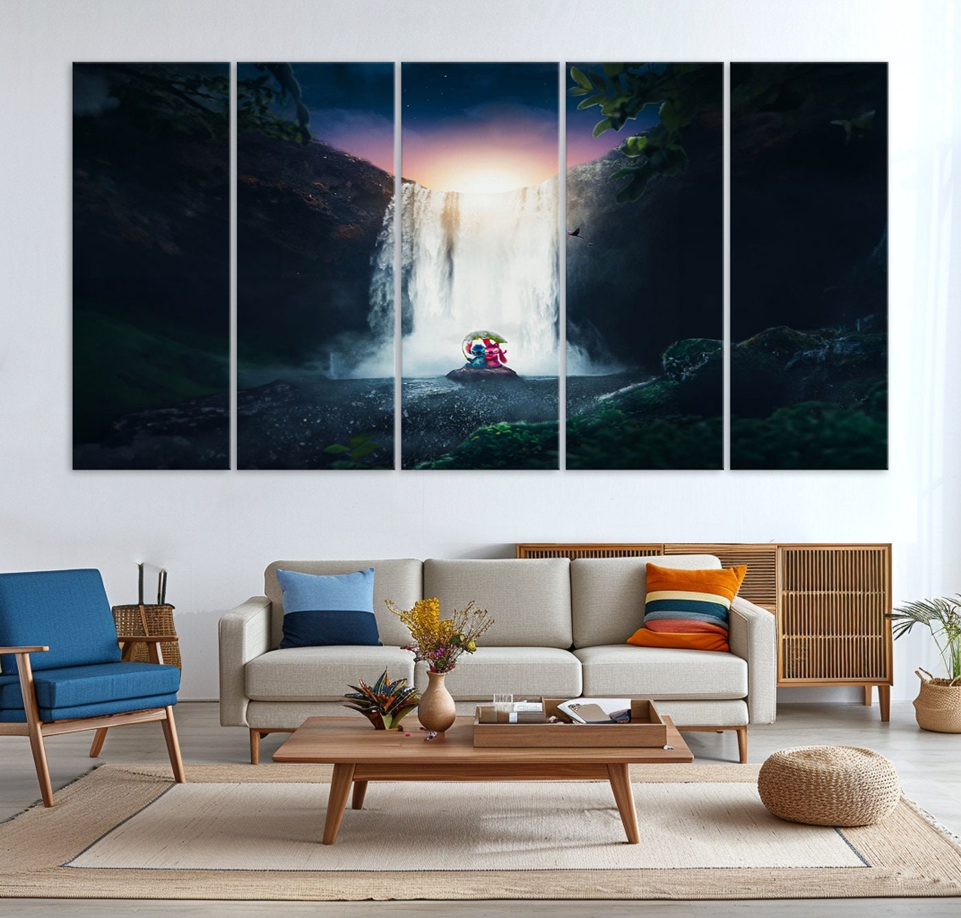Stitch and Angel Under Waterfall Wall Art Canvas Print, Lilo & Stitch ...