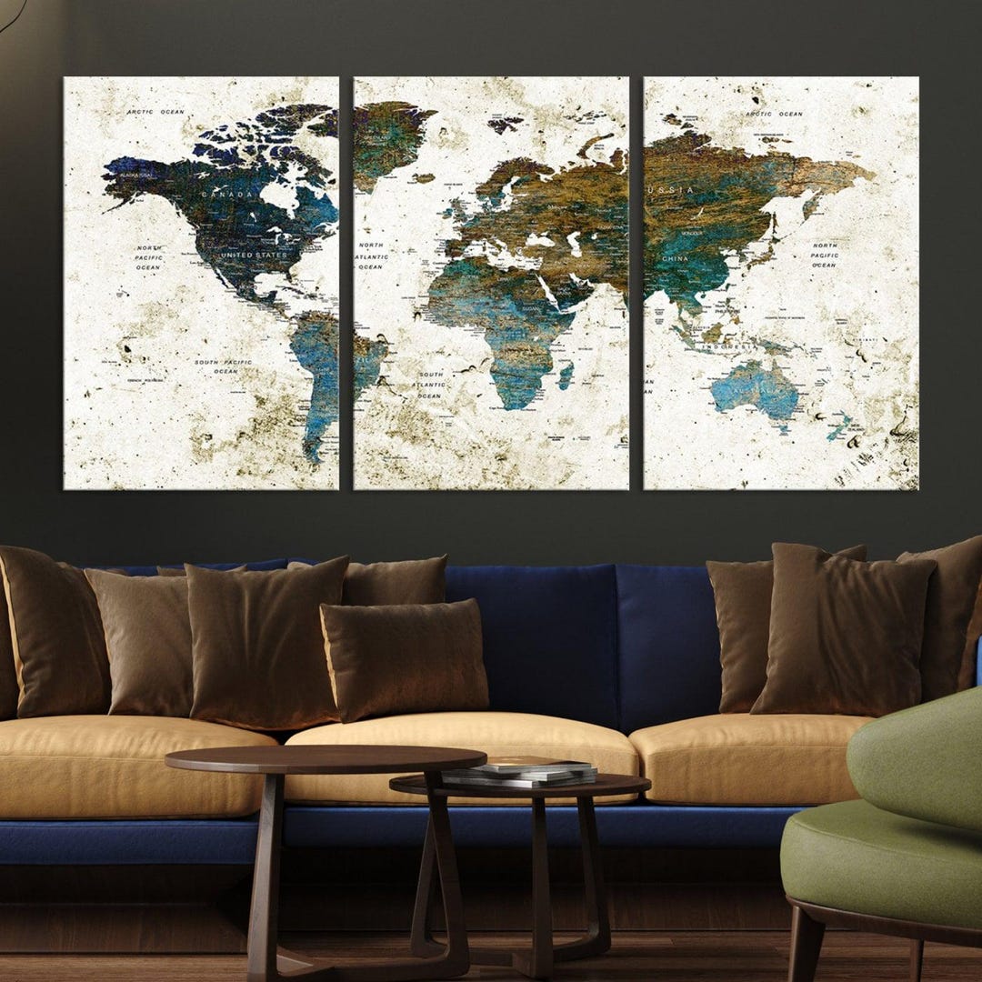 Vintage Grunge World Map, Large Framed Wall Decor, Multi Panel Wall Art ...