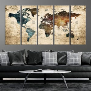 Rustic World Map Canvas Print, Framed Vintage Wall Art for Living Room ...