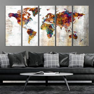 Vibrant 3-panel World Map Canvas Art – Grunge Map Framed and Ready to ...