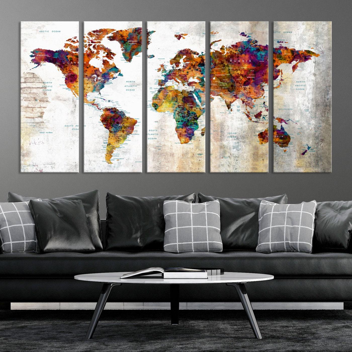 Vibrant 3-panel World Map Canvas Art – Grunge Map Framed and Ready to ...