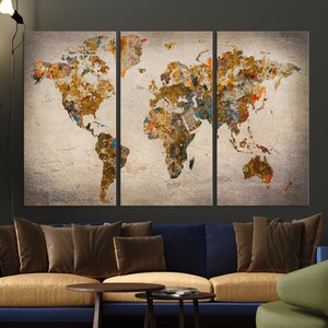 Vintage World Map Print, 3 Panel Map of the World, Framed Canvas Wall ...