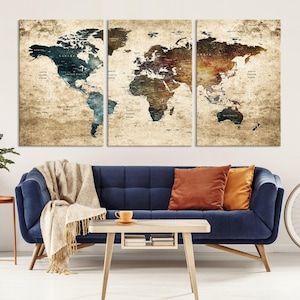 Rustic World Map Canvas Print, Framed Vintage Wall Art for Living Room ...