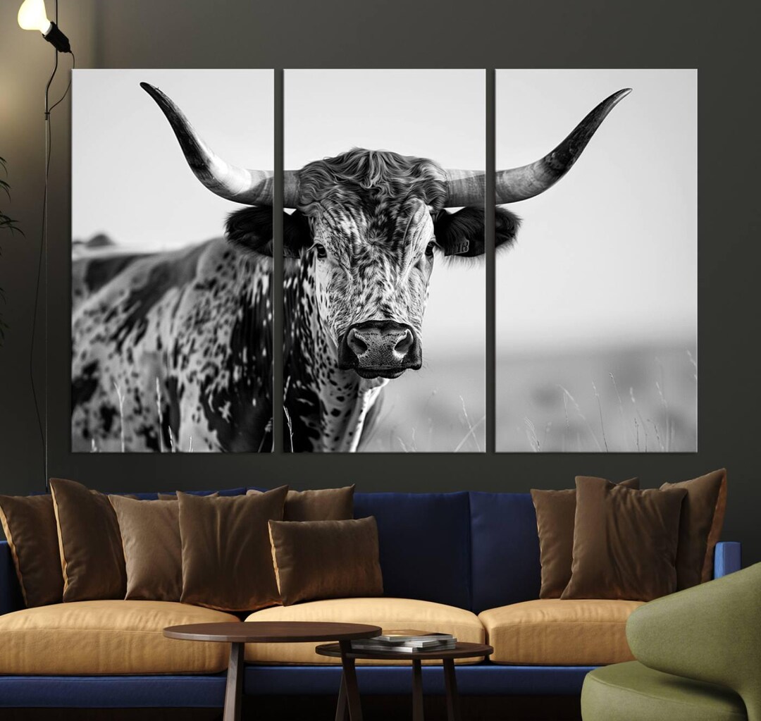 Large Texas Longhorn Cow Canvas Wall Art Print – Rustic Triptych Cattle ...