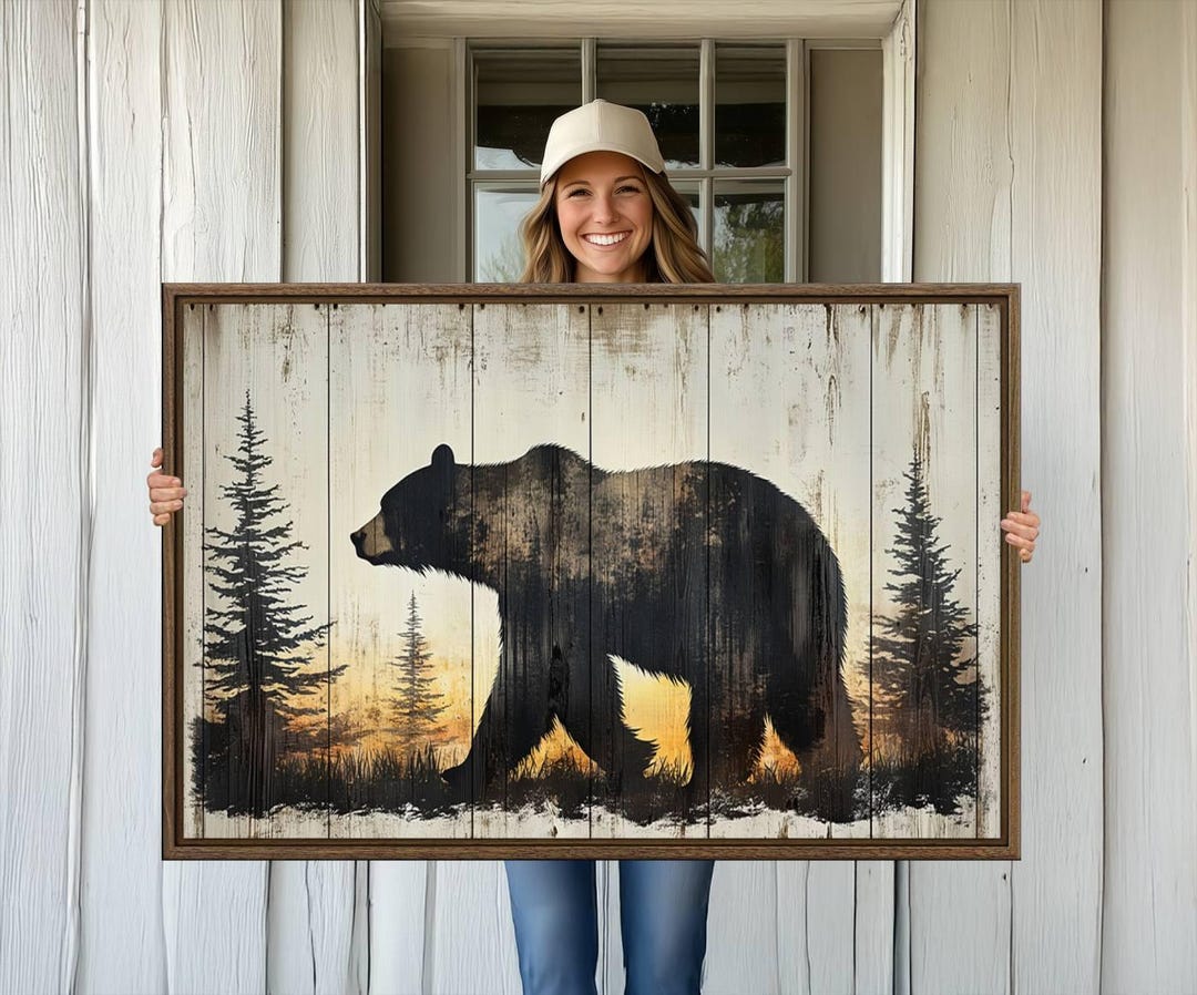 Rustic Bear and Mountain Wood Canvas Wall Art, Framed Nature Artwork ...