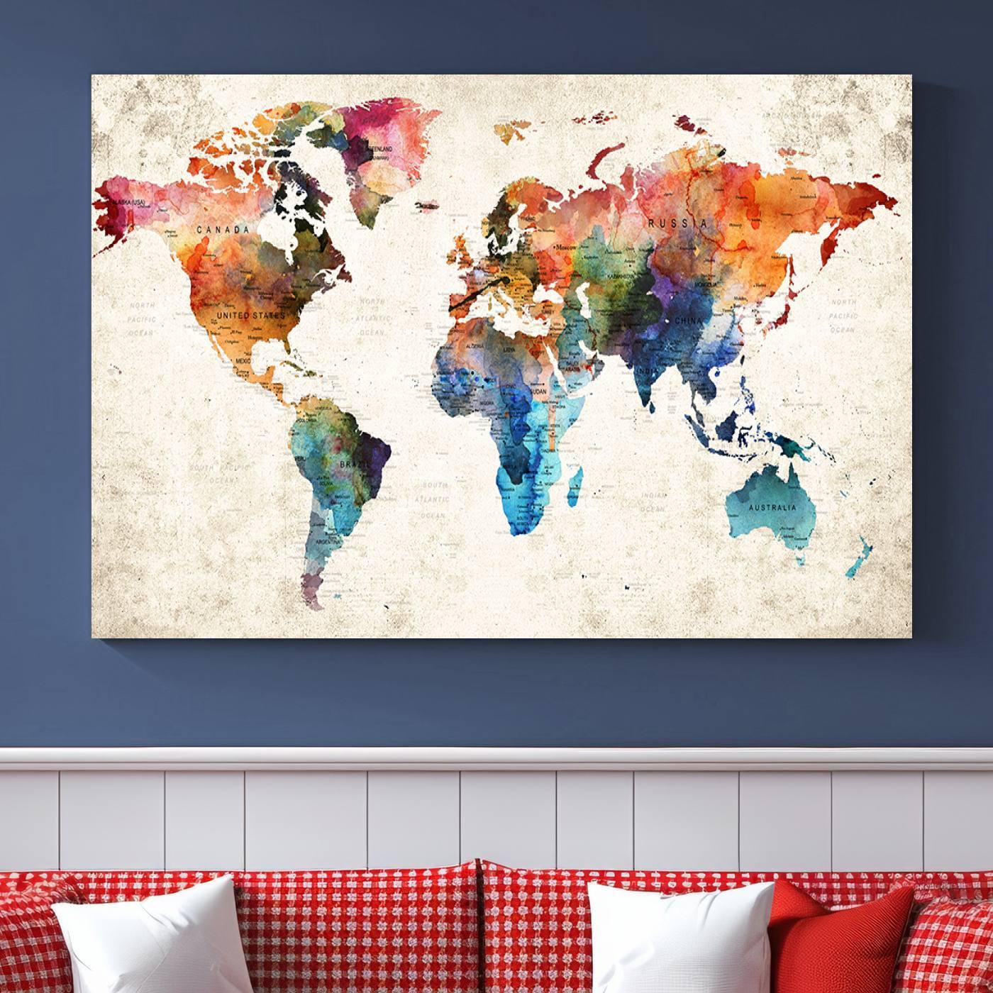 Vibrant Global Map Wall Art ~ World Map Canvas Print, Multi Panel World ...