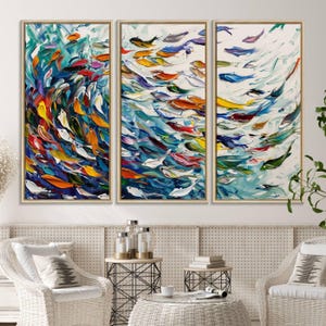 Modern Abstract Fish Shoal Wall Art Canvas Print, Colorful Fish Herd ...