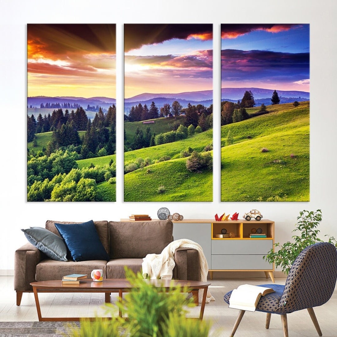Green Hills Sunset Canvas Print, Mountain Landscape Triptych Wall Art ...