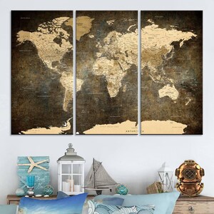 Vintage World Map Print, 3 Multi Panel Map, World Map Canvas Art ...