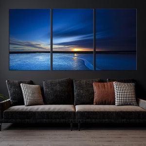 Navy Blue Sunset Lake Landscape Artwork Large Wall Art Canvas Print ...