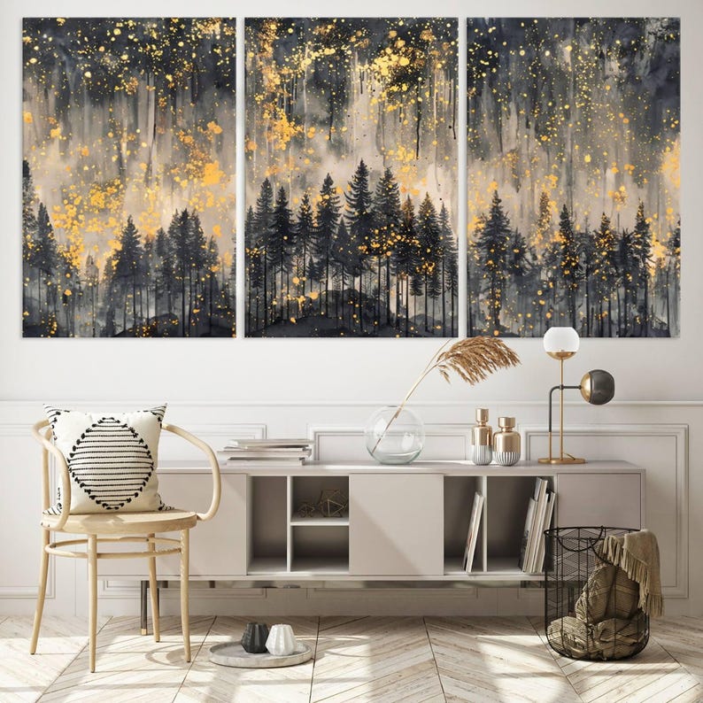 Golden Forest Abstract Wall Art | Dark Forest With Gold Splatter ...