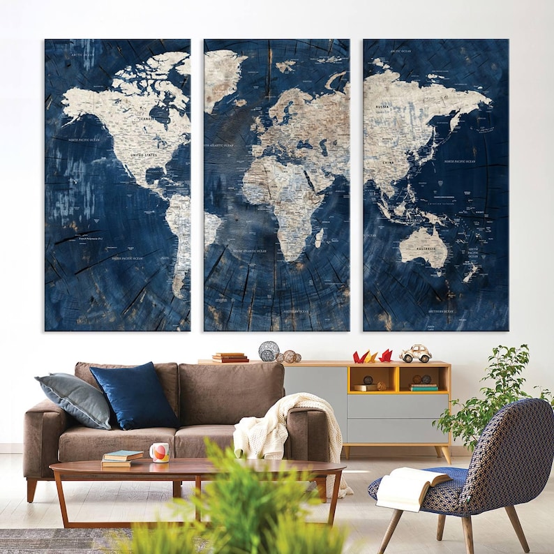 Rustic Blue World Map Canvas Print, Wood Style World Map, Framed Canvas ...