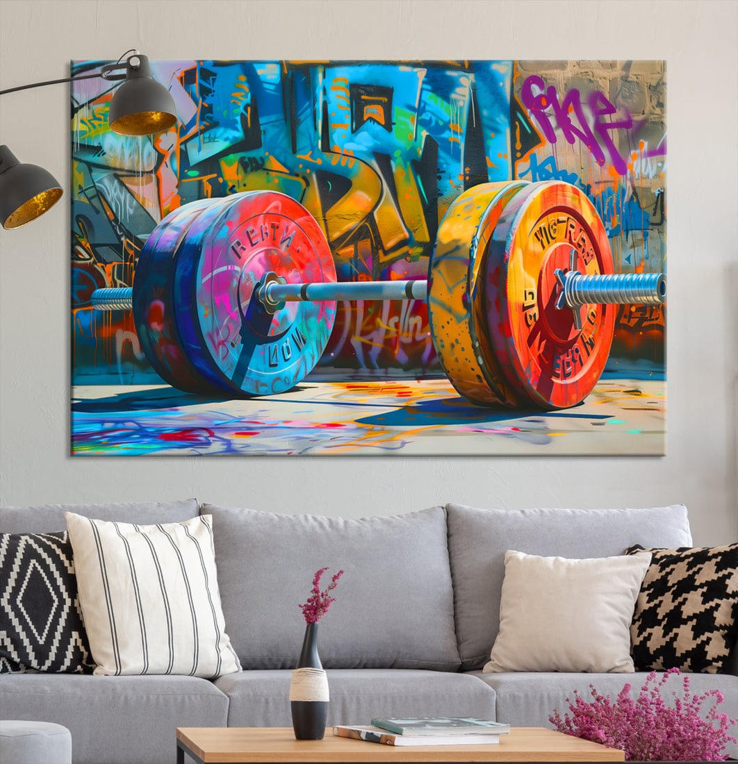 Fitness Wall Decor | Gym Canvas Wall Art | Barbell Graffiti Print ...