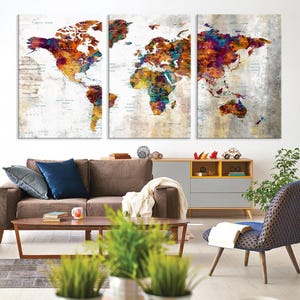 Vibrant 3-panel World Map Canvas Art – Grunge Map Framed and Ready to ...