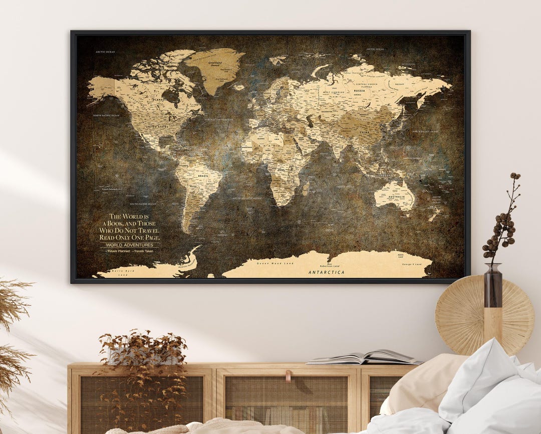 Push Pin World Map, Custom World Map Canvas, Large World Map, Rustic ...