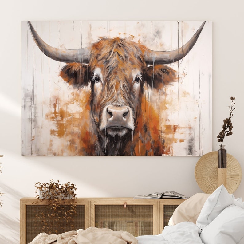 Abstract Highland Cow Wall Art - Framed Rustic Animal Portrait Canvas ...