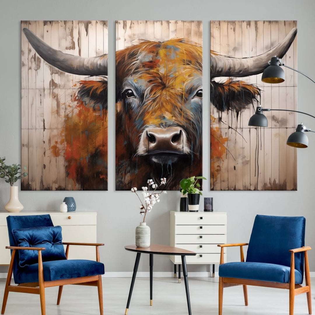 Abstract Highland Cow Wall Art - Framed Rustic Animal Portrait Canvas ...
