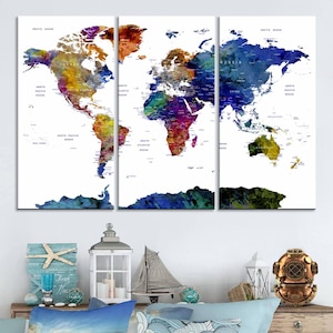 Colorful World Map Canvas Print, Framed Wall Art for Living Room, Ready ...