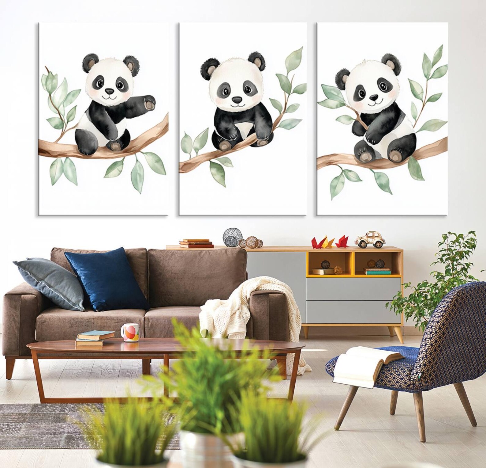 Panda Nursery Wall Art - Panda Bear Prints on Branch, Framed Play Room ...