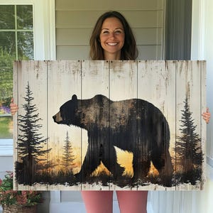 Rustic Bear and Mountain Wood Canvas Wall Art, Framed Nature Artwork ...