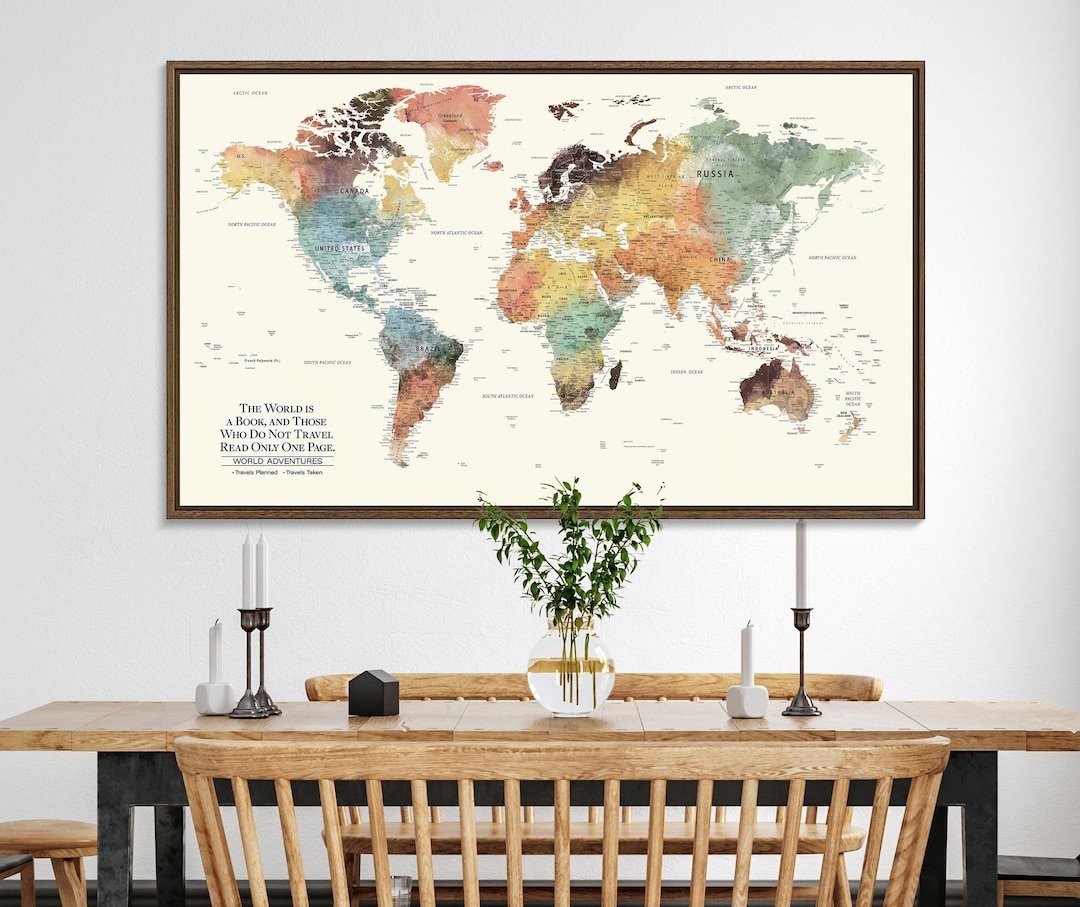 Framed Custom World Map Canvas, Push Pin Travel Map - Etsy