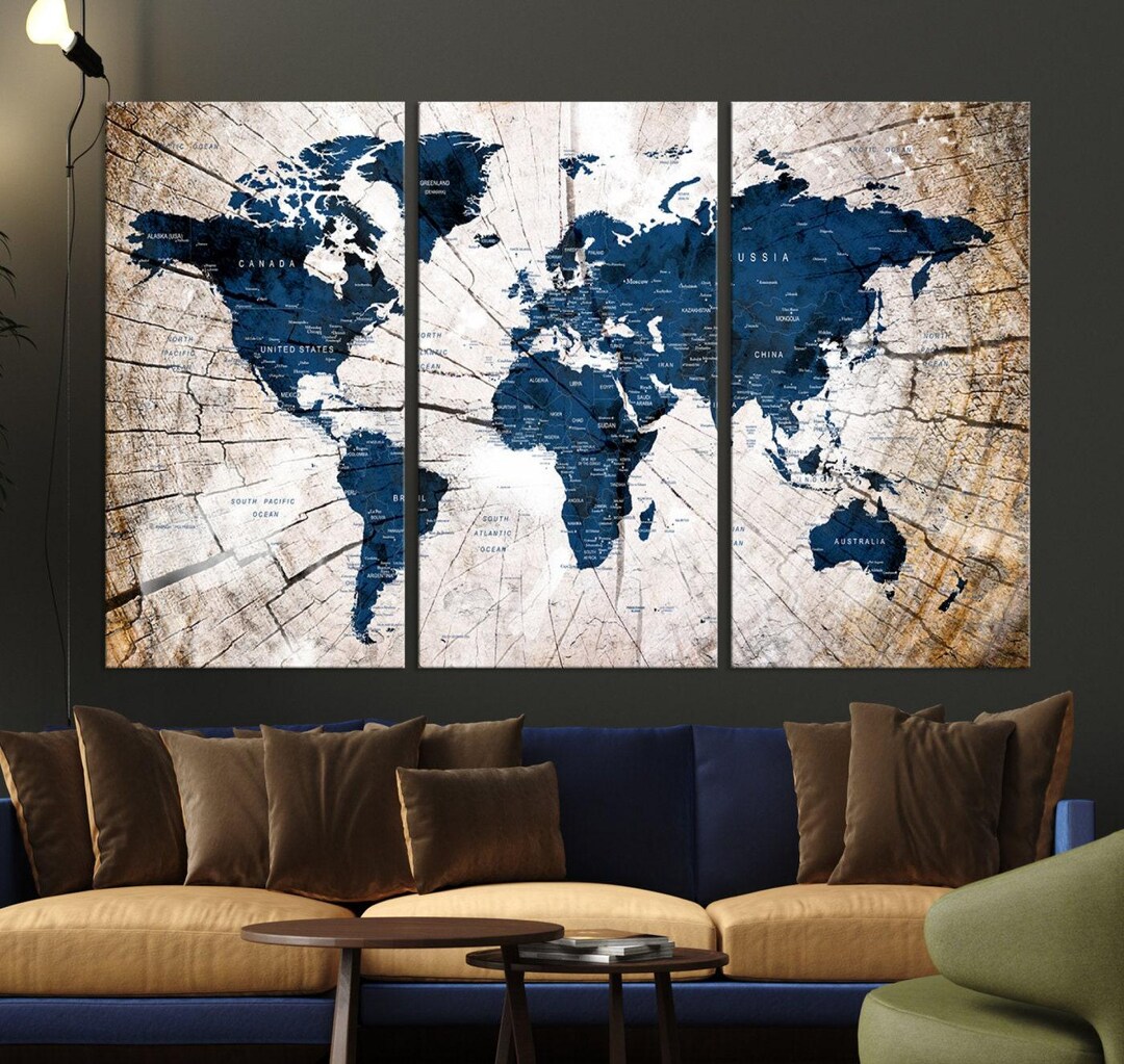 Rustic Blue World Map Artwork, 3 Panel World Map, Framed Canvas Wall ...