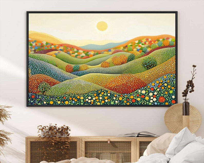 Yayoi Kusama Colorful Pointillism Dot Art, Landscape Canvas, Framed ...