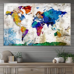 Rustic Blue World Map 3-panel Framed Wood Style Map Wall Art Ready-to ...