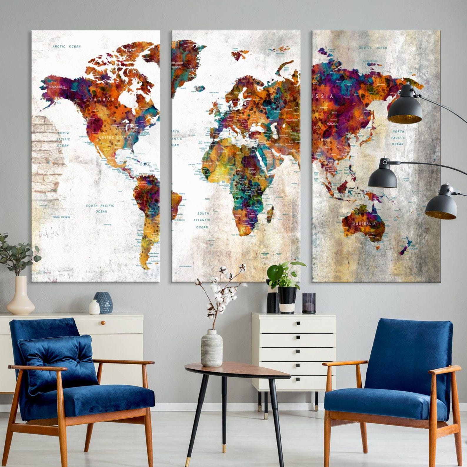 Vibrant 3-panel World Map Canvas Art – Grunge Map Framed and Ready to ...