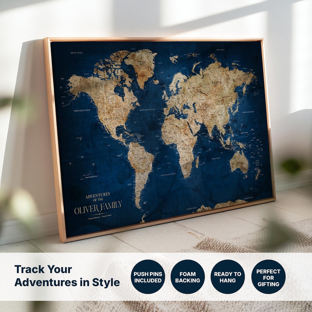 World Map Wall Art, Detailed Custom World Map, Push Pin Travel Map, Gallery Wrapped Canvas ...