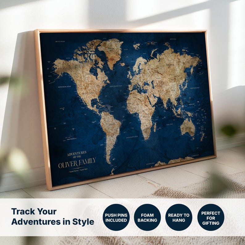 World Map Wall Art, Detailed Custom World Map, Push Pin Travel Map ...